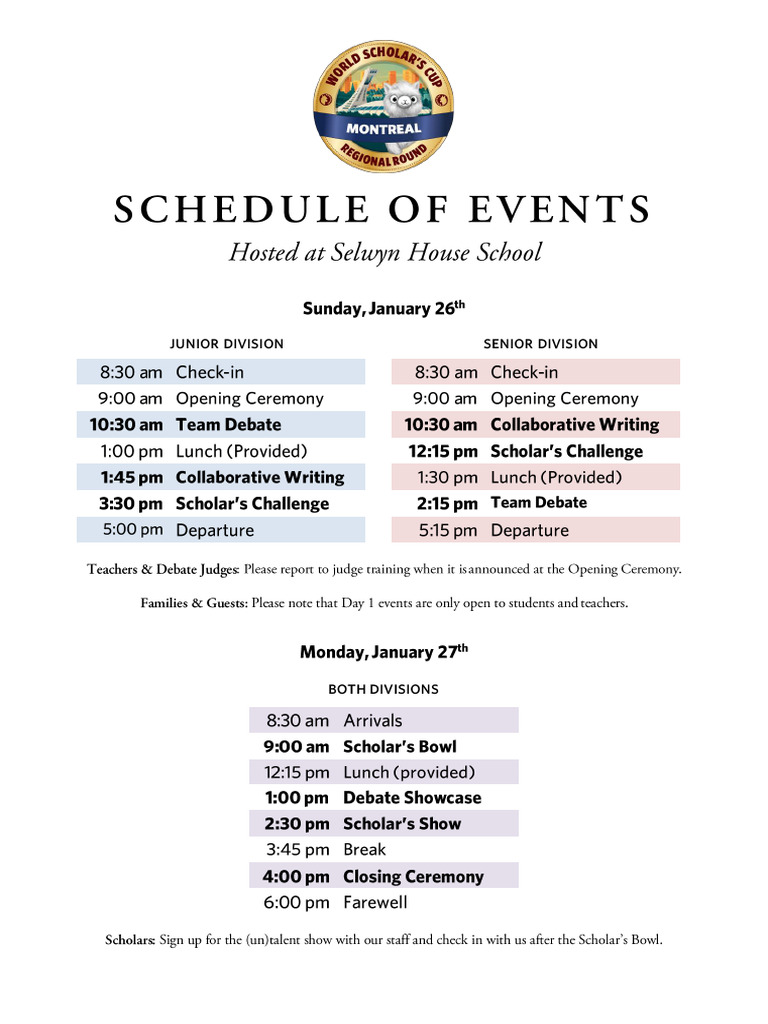 WSC Montreal 2025 Schedule of Events | PDF