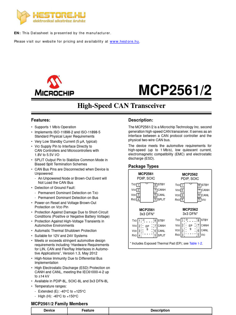 MCP2561/2 High-Speed CAN Transceiver | PDF | Electrostatic Discharge ...