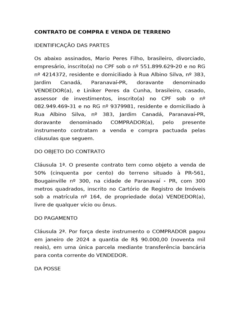 Contrato de Compra e Venda de Terreno 1 | PDF