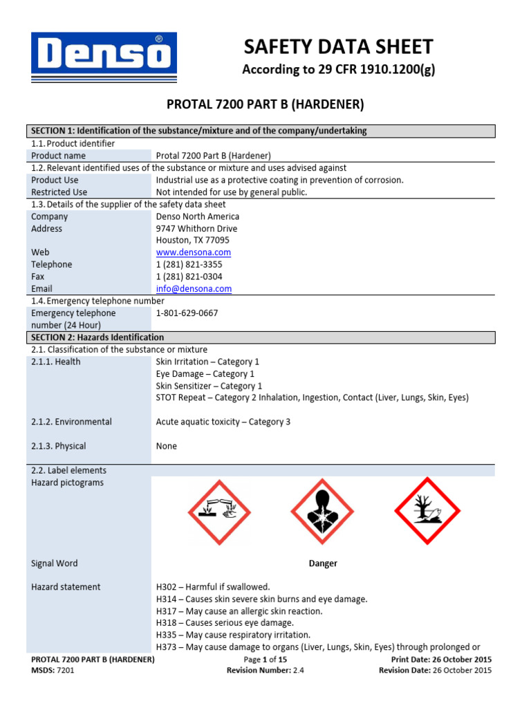 DENSO PROTAL 7200 PART B SDS GHS REV 024 - psm2djn6 | PDF | Chemistry ...