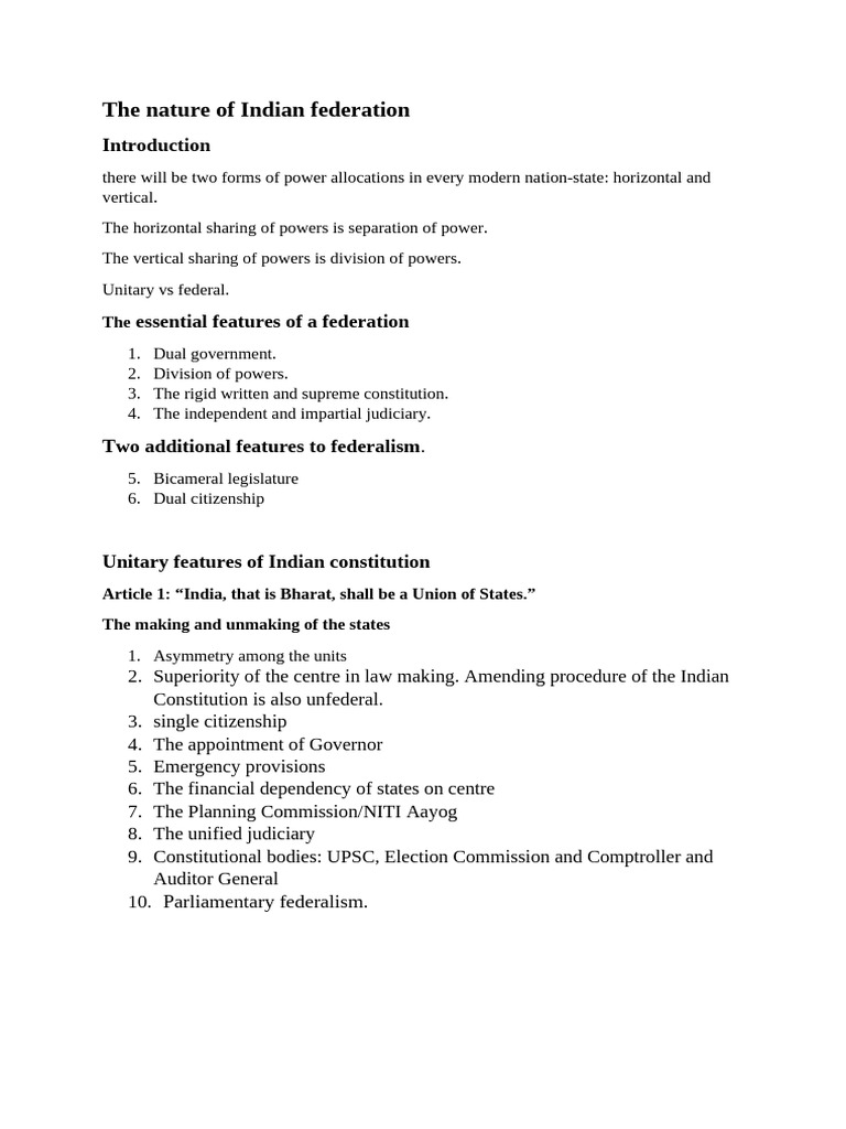 Indian Federalism: Features & Unitary Aspects | PDF