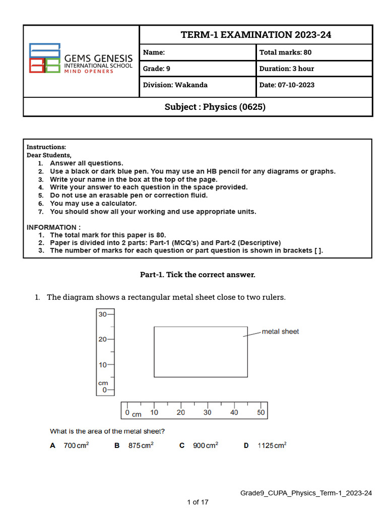 Grade 9 Physics Term-1 Exam 2023-24 | PDF | Atomic Nucleus | Atoms
