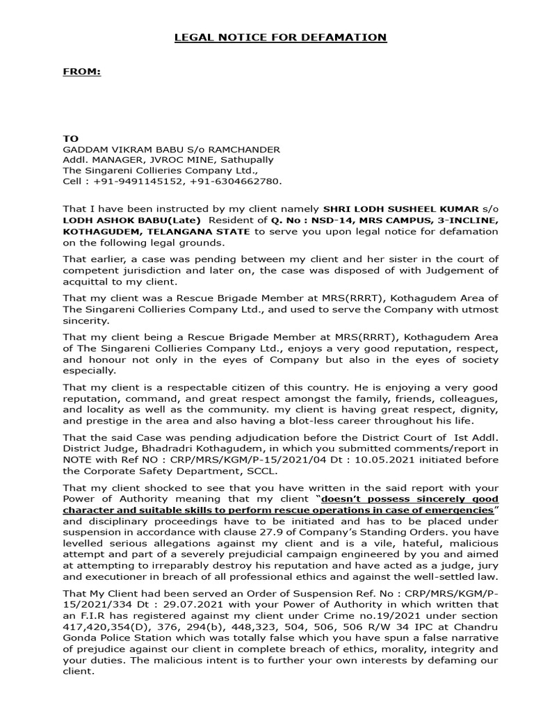Legal Notice For Defamation | PDF | Defamation | Justice