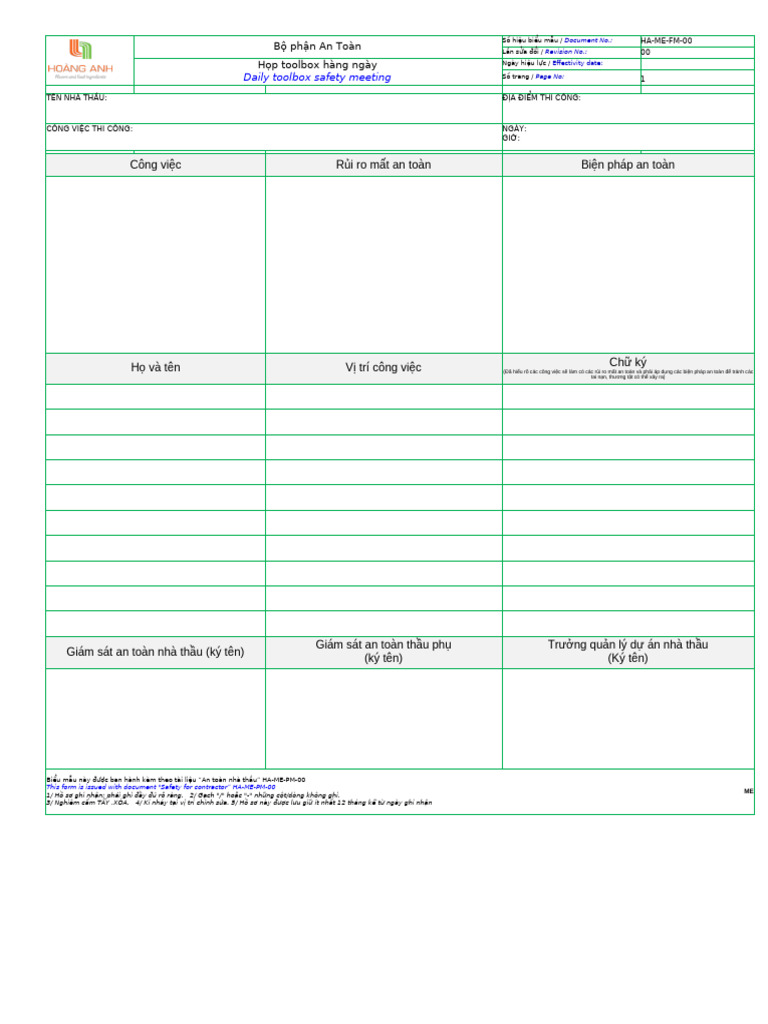 HA-ME-FM-11 Daily Toolbox Meeting Form - Rev00 | PDF