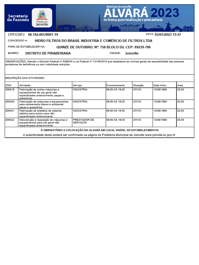 Alvará de Funcionamento: Hidro Filtros | PDF