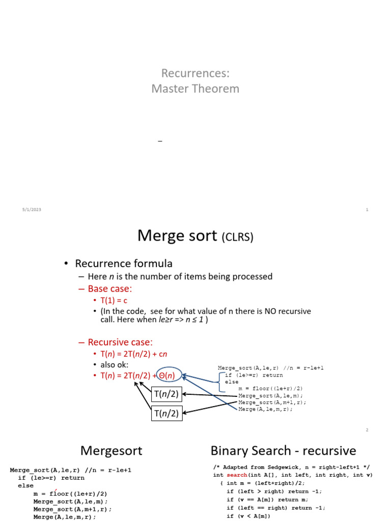 08 Recurrences MasterThm | PDF | Theoretical Computer Science | Algorithms And Data Structures