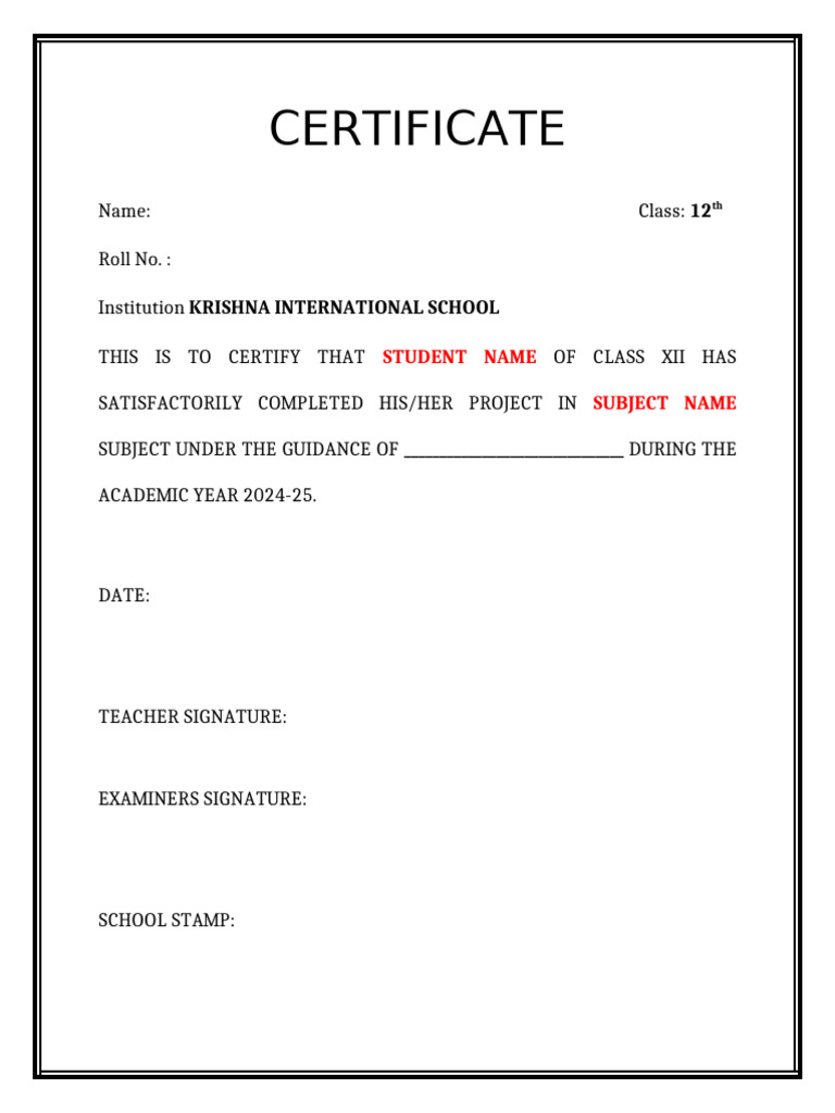 12th Grade Project Completion Certificate | PDF
