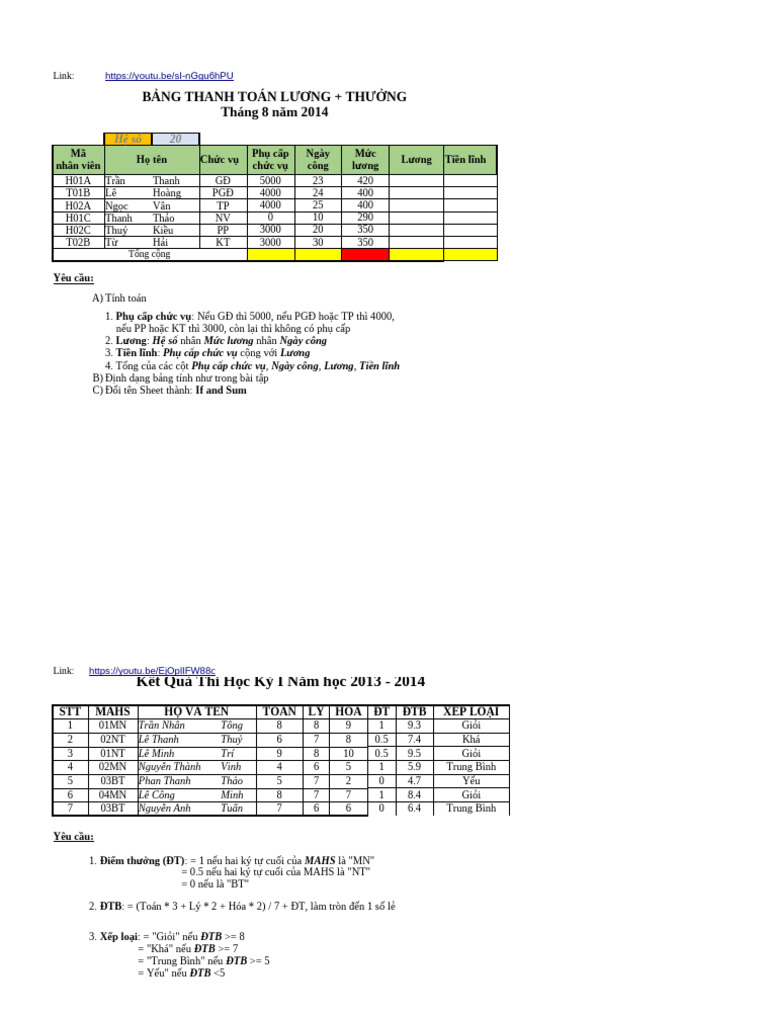 2 Bai Thuc Hanh MS Excel - Bai Tap | PDF