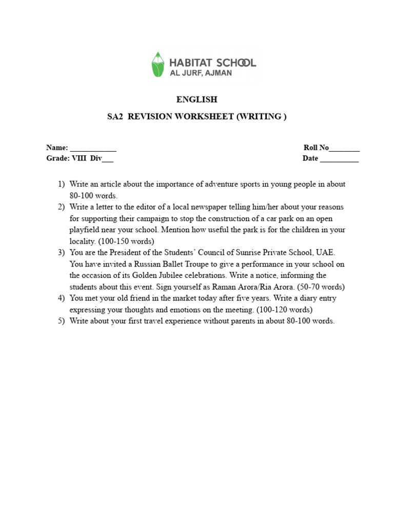 SA2 Revision Writing Worksheet | PDF