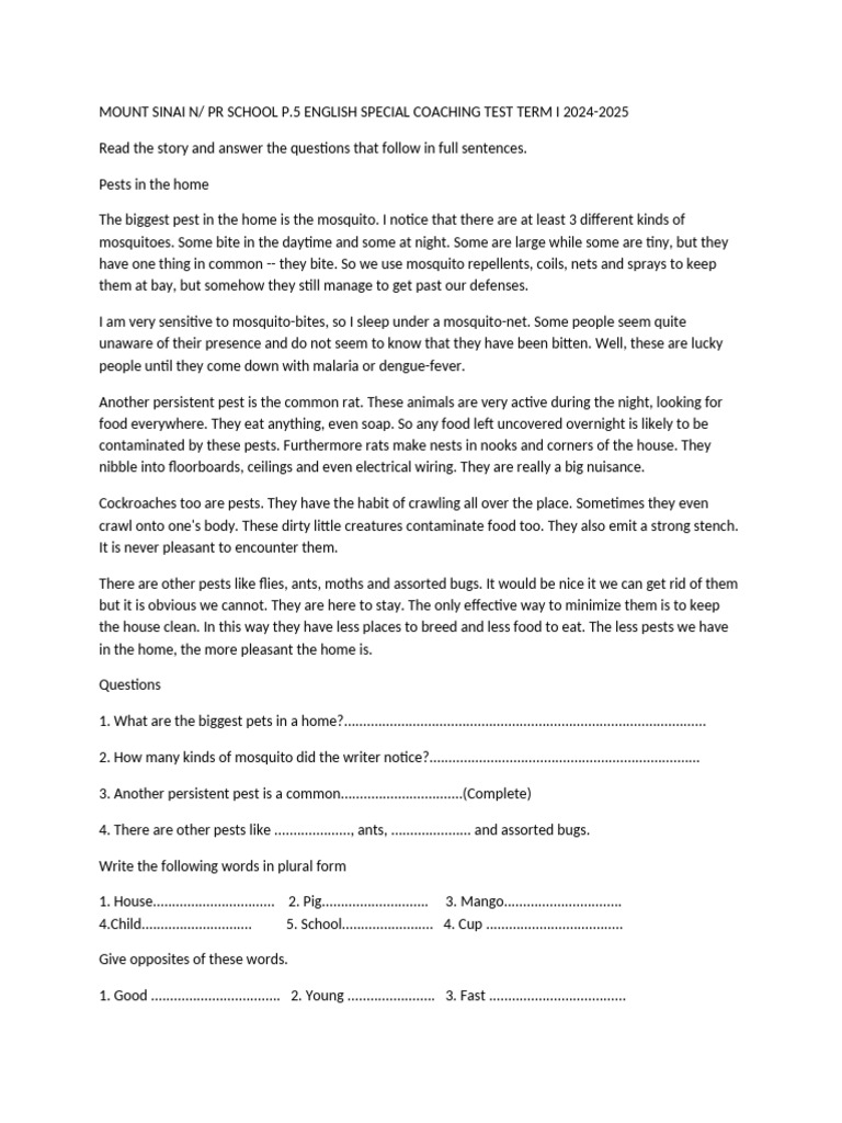 P5 holiday test | PDF | Pest (Organism) | Insects And Humans