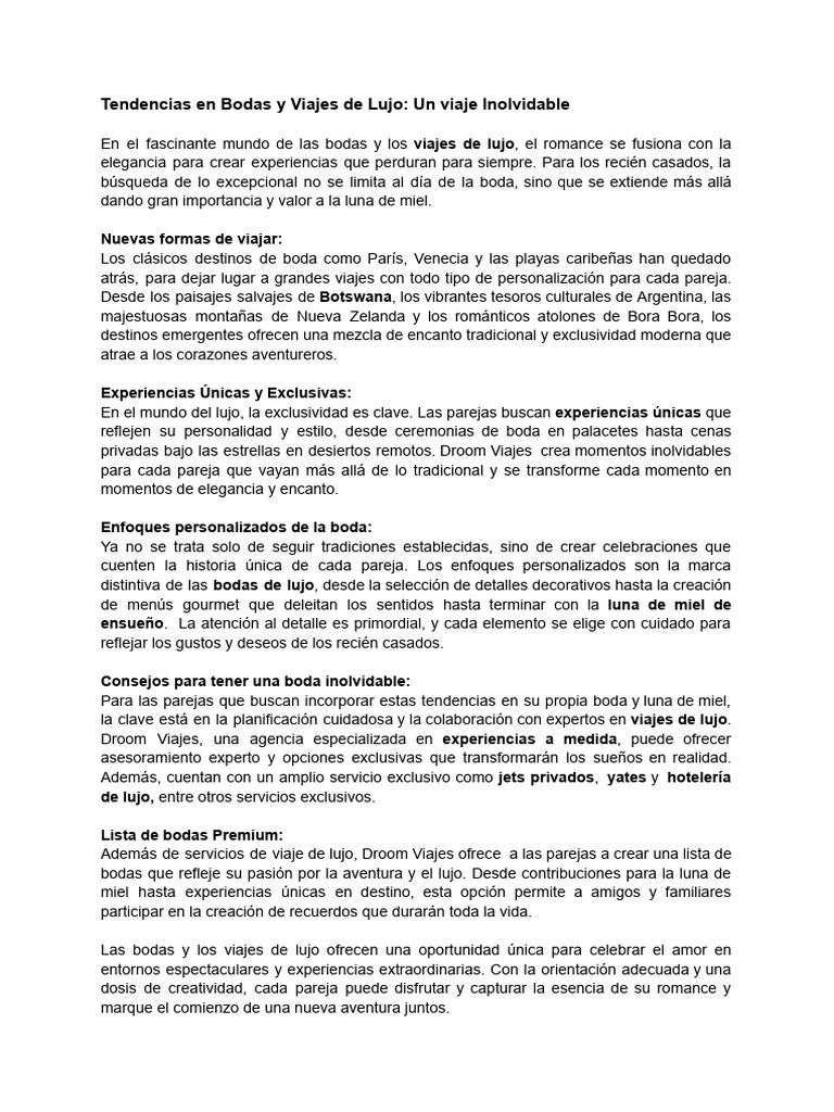 Tendencias en Bodas y Viajes de Lujo - Un Viaje Inolvidable | PDF