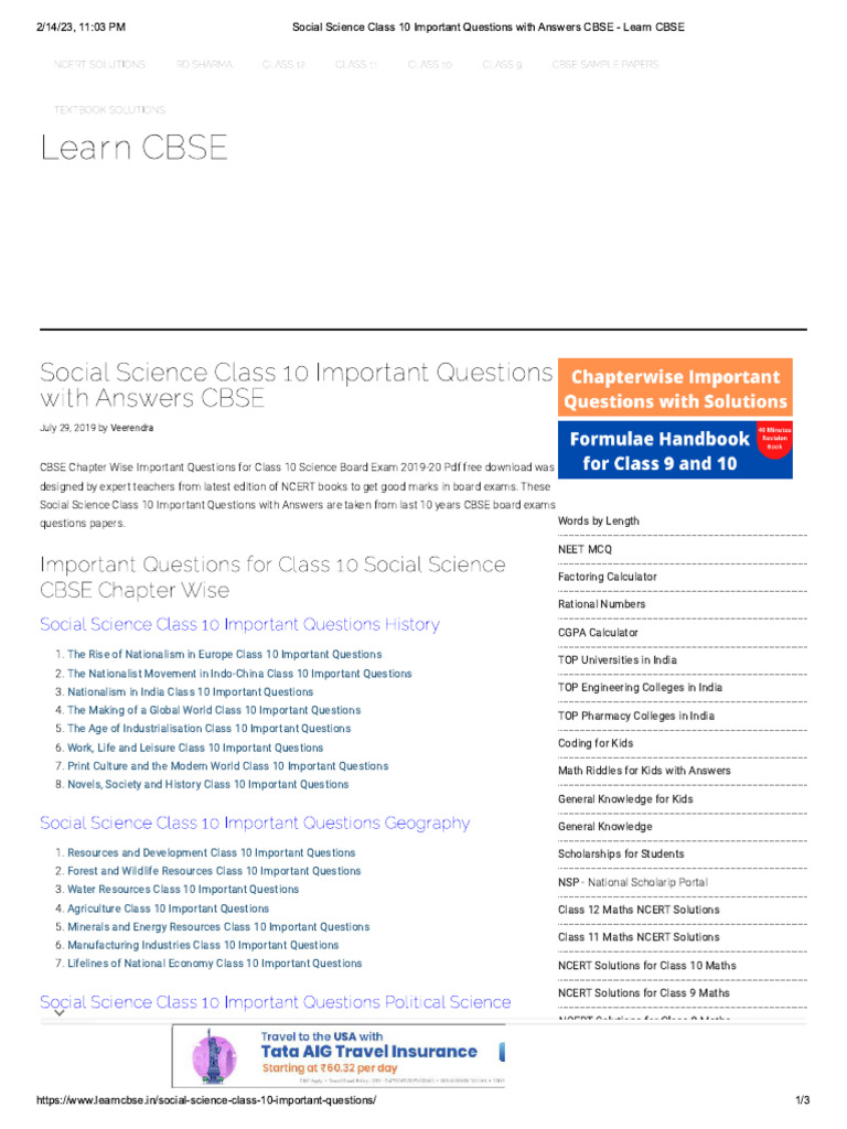 Social Science Class 10 Important Questions With Answers CBSE - Learn ...