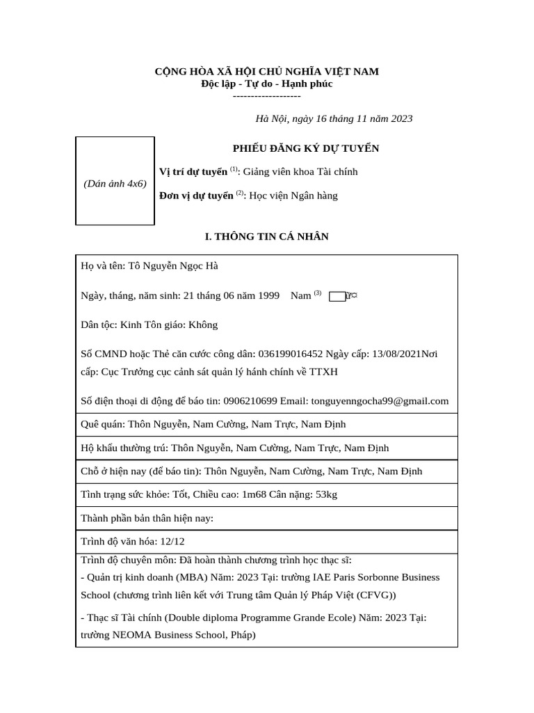 Phieu Dang Ky Du Tuyen - BCVT | PDF