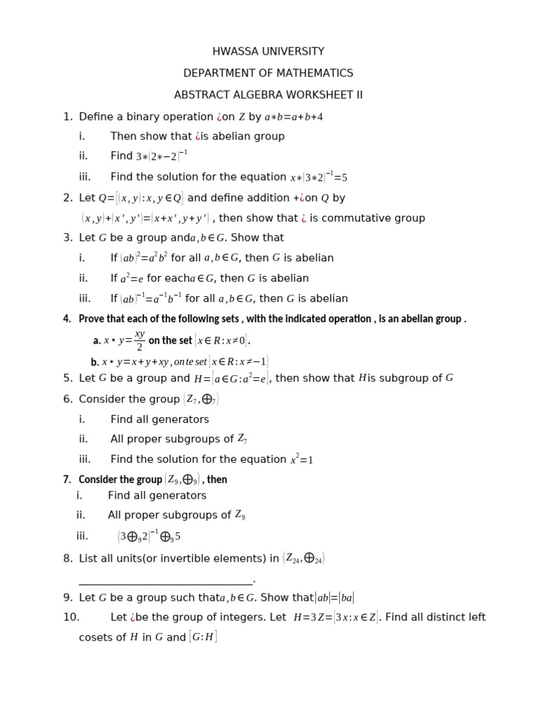 Abstract Algebra Worksheet II | PDF | Group (Mathematics) | Abstract ...