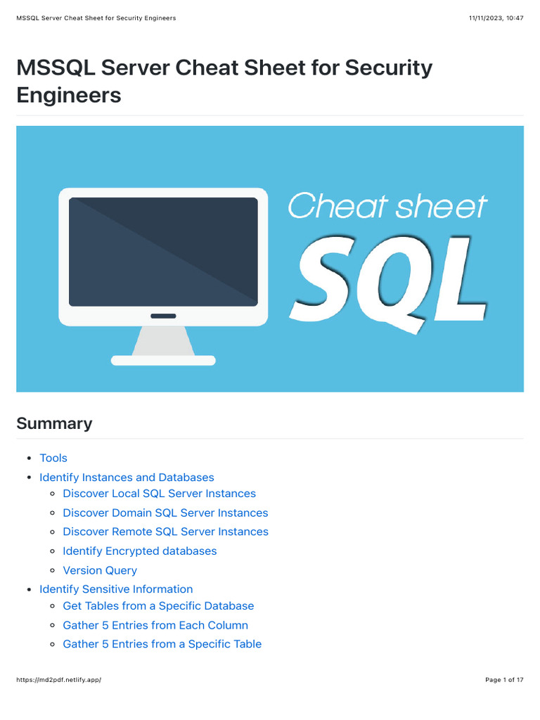 MSSQL Server Cheat Sheet for Security Engineers 1699719420 | PDF ... MSSQL Server Cheat Sheet for Security Engineers 1699719420 | PDF ...