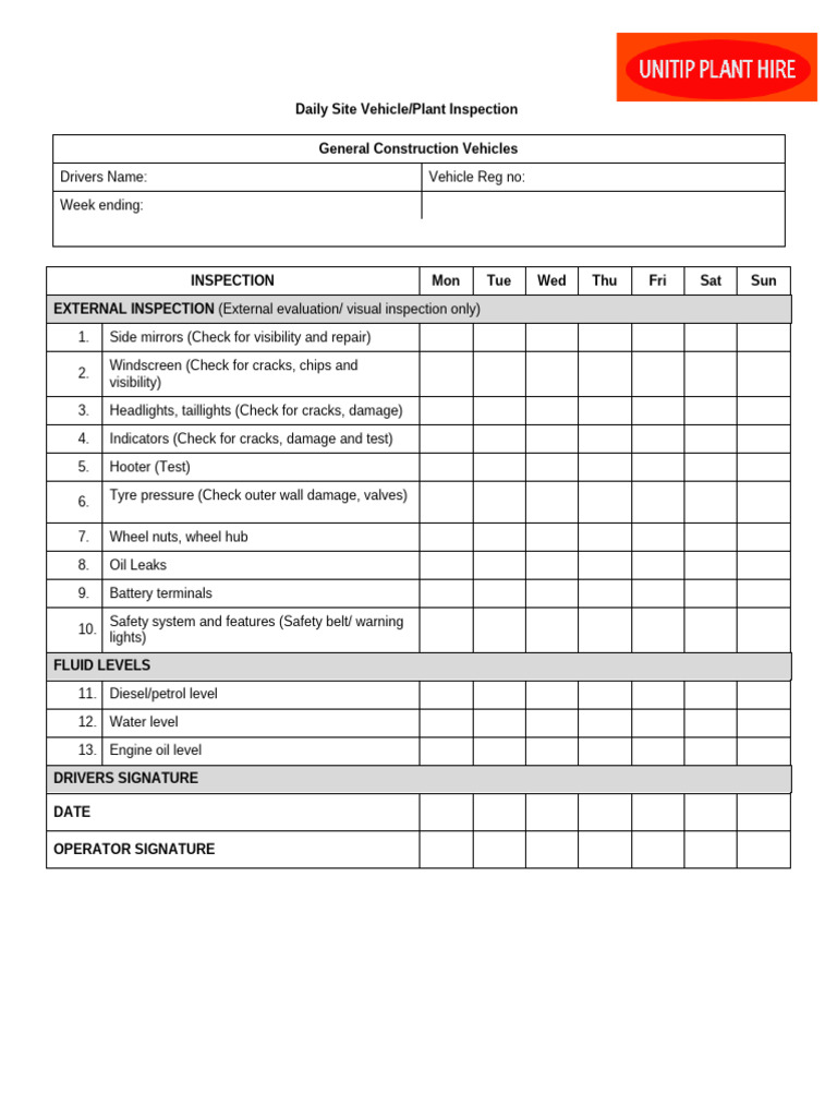 Weekly Vehicle Inspection Checklist | PDF