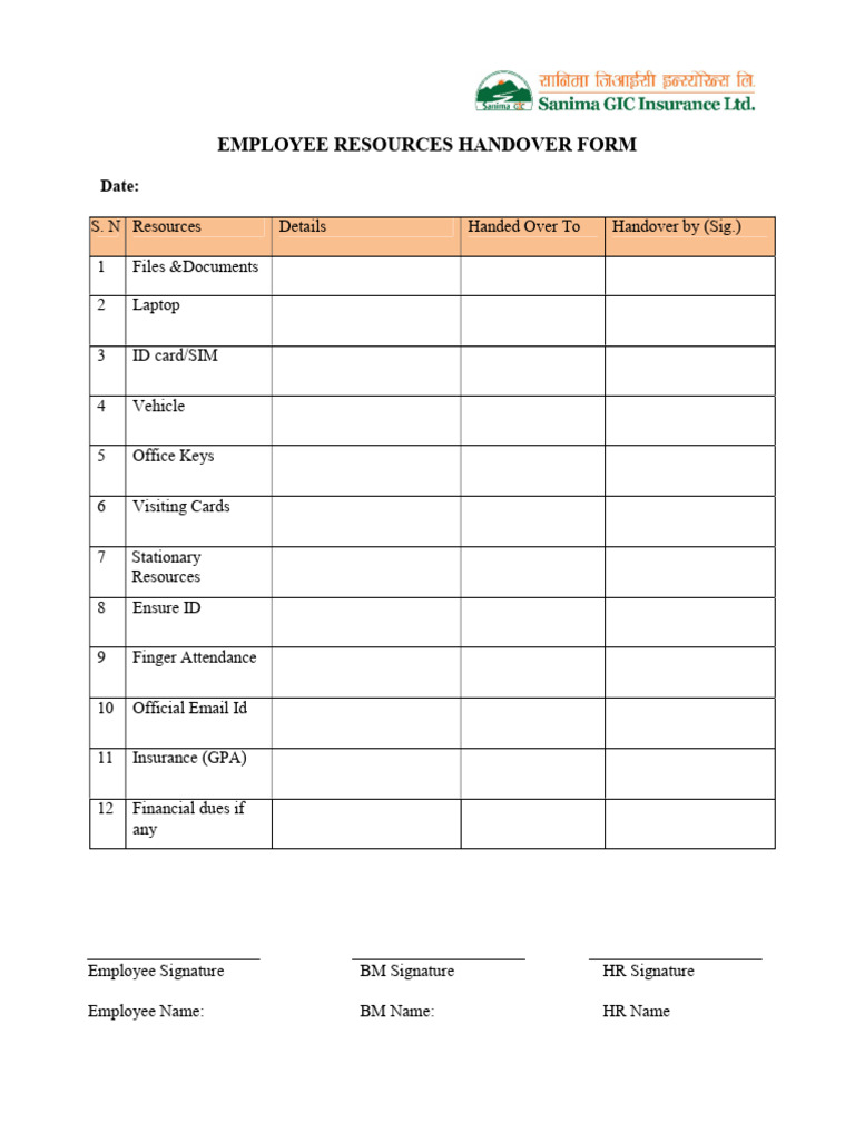 Employee Handover Form SGIC Branch | PDF