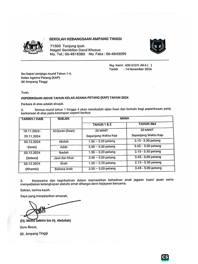 Jadual Periksa Akhir Tahun Kap 2024 | PDF