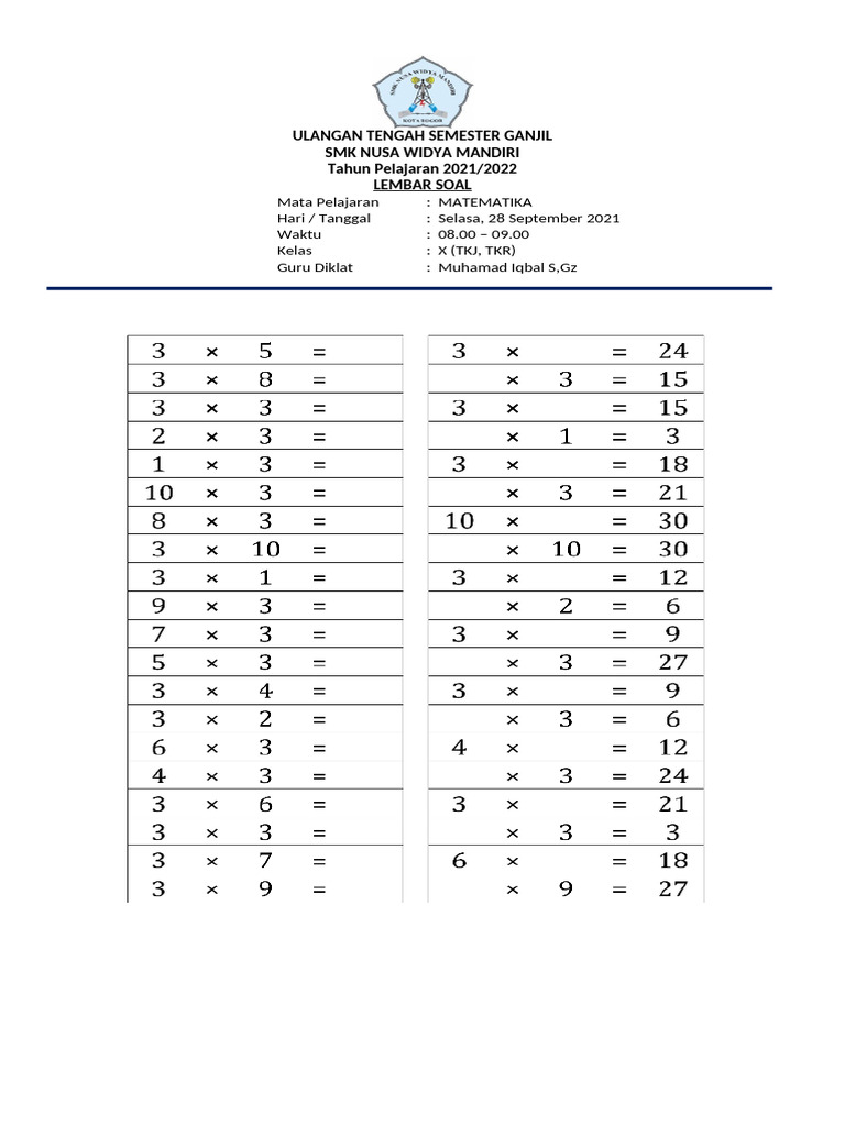 Soal Matematika UTS 2020-2021 SMK NWM | PDF