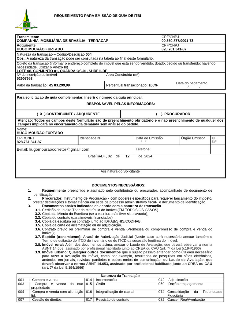 formulario emissão guia itbi MODELO 2024 | PDF | Adjudicação | Direito ...