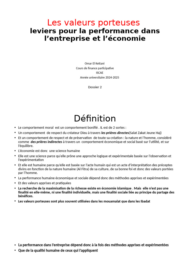 2)Les valeurs poteuses et la performance ISCAE 2024 [Autosaved] | PDF | Économie | Business