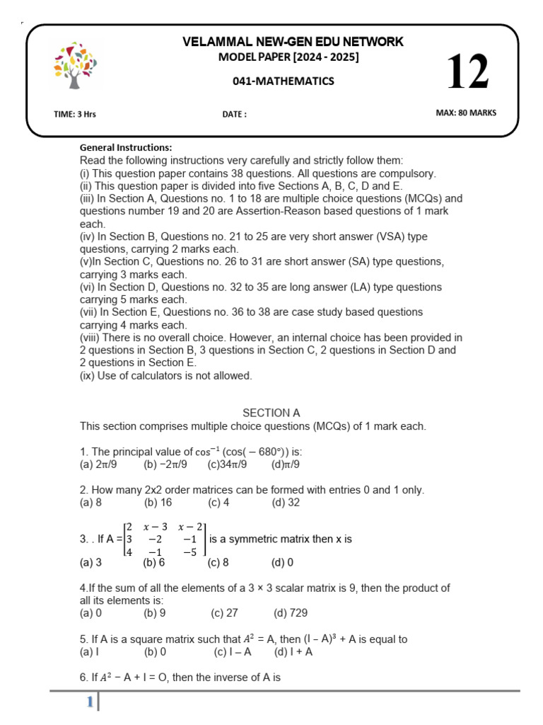 Bs GR Xii Maths Model QP | PDF | Function (Mathematics) | Matrix (Mathematics)
