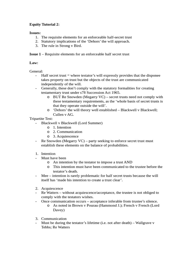 Equity Tutorial 2 (ST & Strong v Bird) | PDF | Inheritance | Civil Law ...