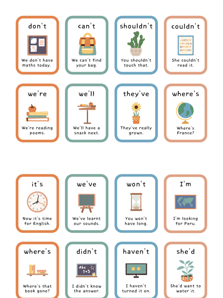 Neutral Contraction Match-Up Flashcards in Colorful Simple Style | PDF