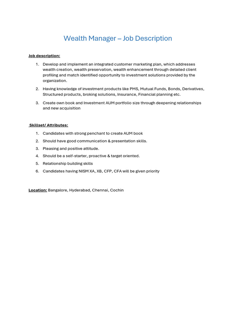 Wealth Manager Job Description & Skills | PDF