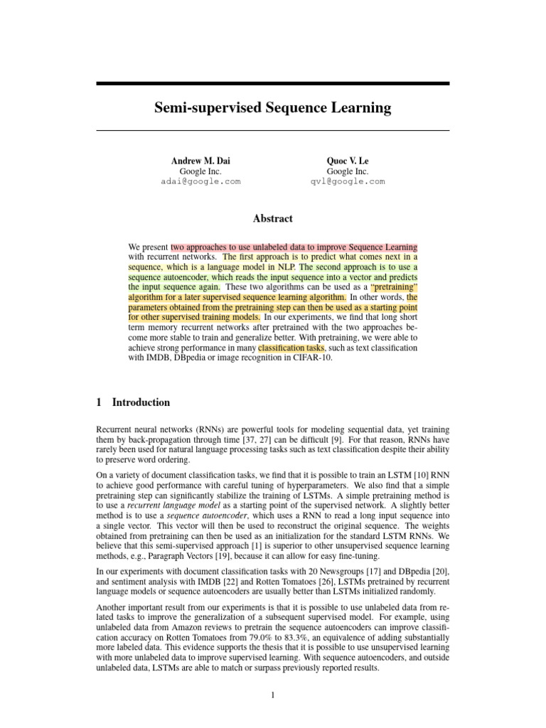 NIPS 2015 Semi Supervised Sequence Learning Paper | PDF | Computational Neuroscience | Algorithms