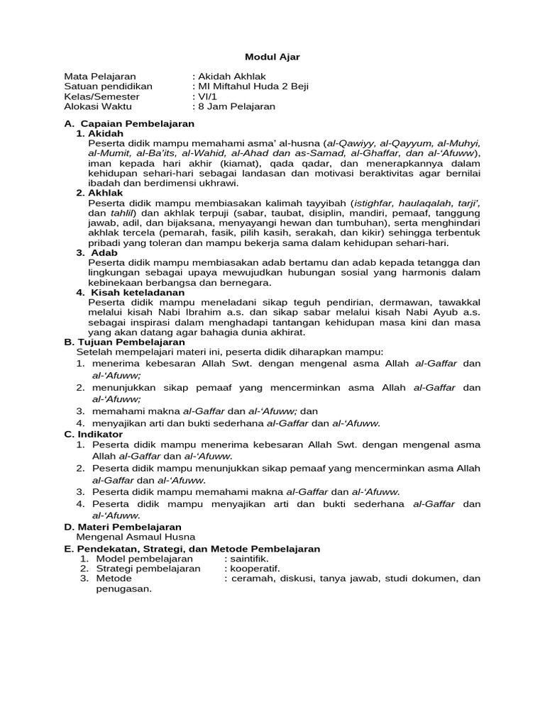 Modul Ajar akidah akhlak 6 bab 2 | PDF