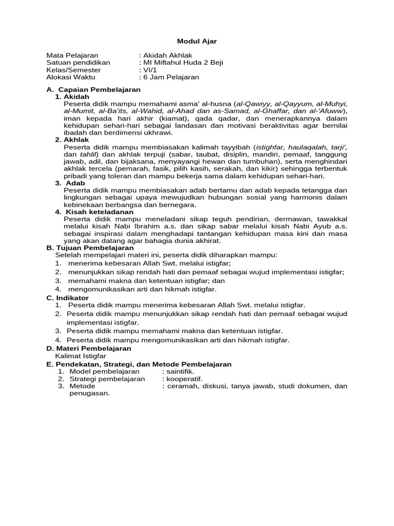 Modul Ajar Akidah Akhlak 6 Bab 1 | PDF