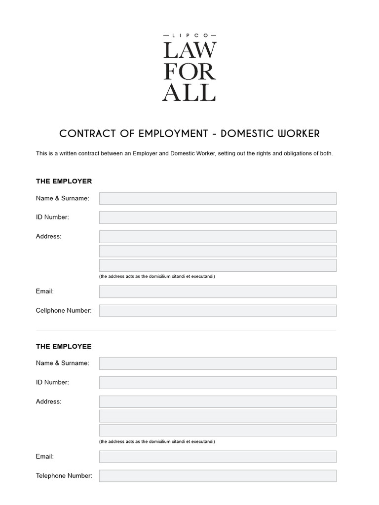 Domestic Worker Contract Template | PDF | Employment | Sick Leave