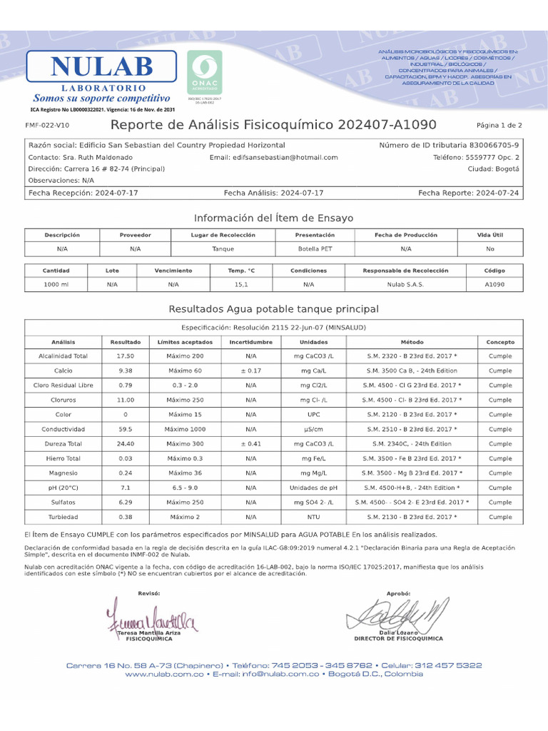 NULAB - CERTIFICADO ANALISIS DE AGUA POTABLE | PDF