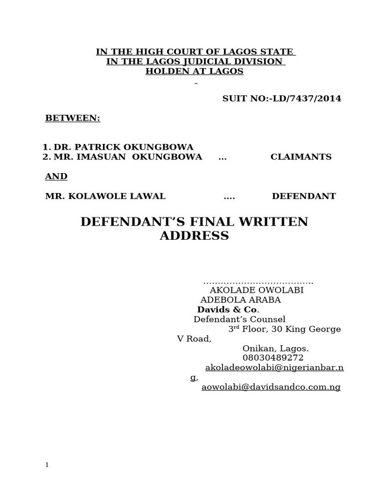 Final Written Address Patrick Okugbowa | PDF | Lawsuit | Burden Of ...