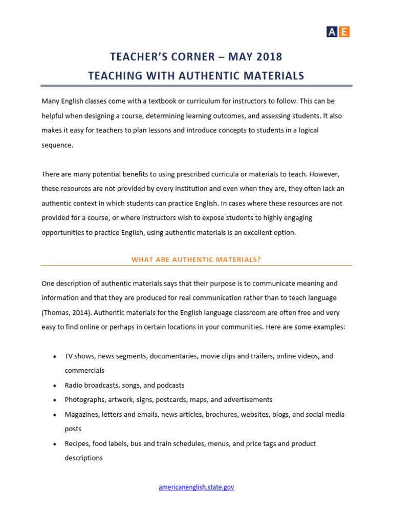 05 May Teachers Corner Authentic Materials Intro Final | PDF
