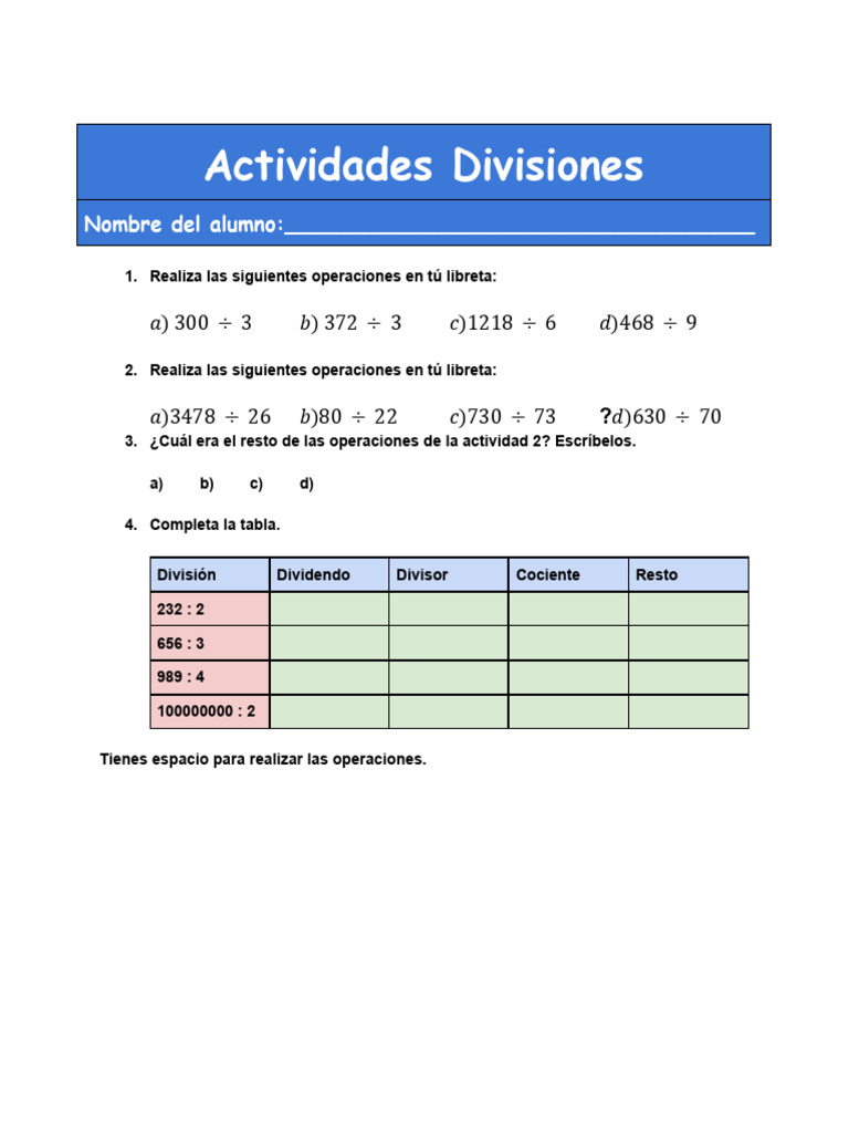 Actividades Divisiones. | PDF