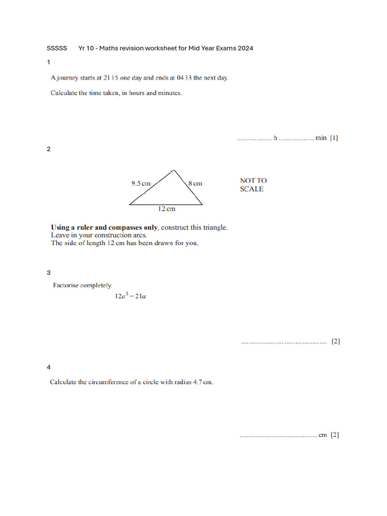 Yr 10 Mid Year Revision Worksheet | PDF