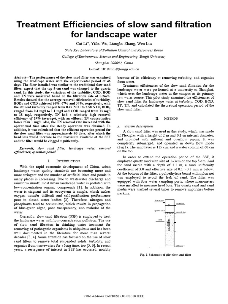 Treatment Efficiencies of Slow Sand Filtration For Landscape Water ...