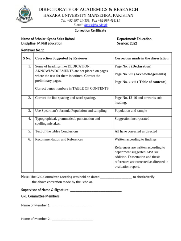 Correction Certificate (Saira Batool) | PDF