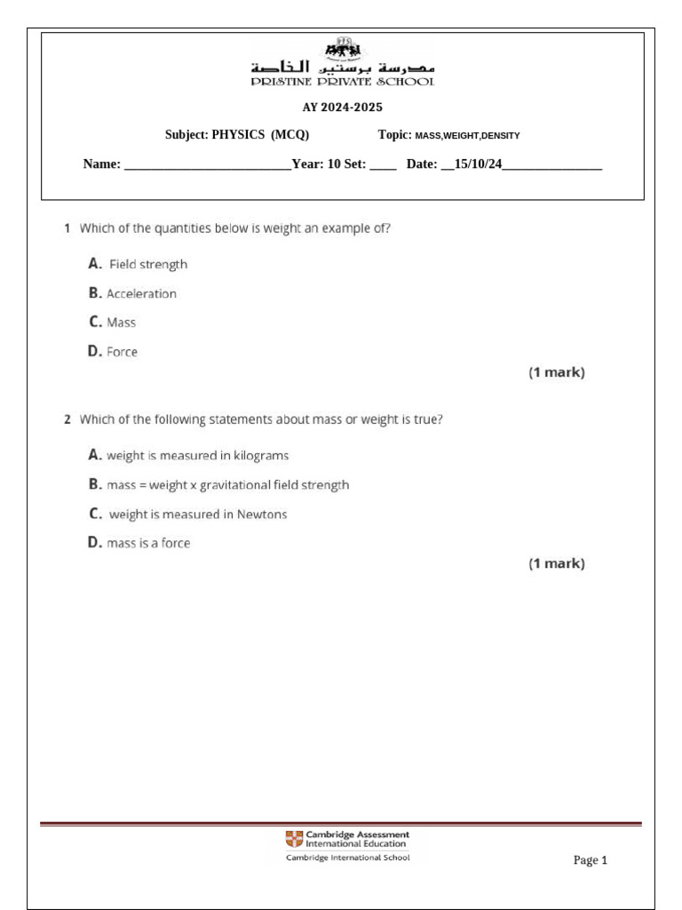 MCQ QP Mass, Weight, Density | PDF