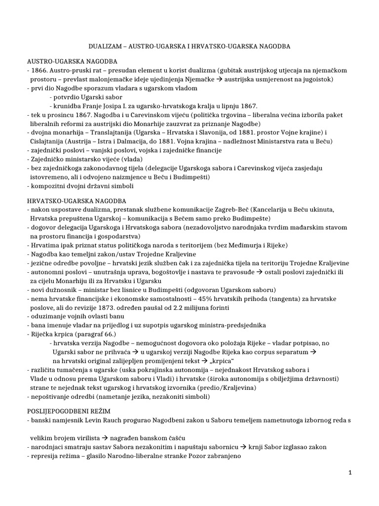 Dualizam Austro Ugarska I Hrvatsko Ugarska Nagodba | PDF