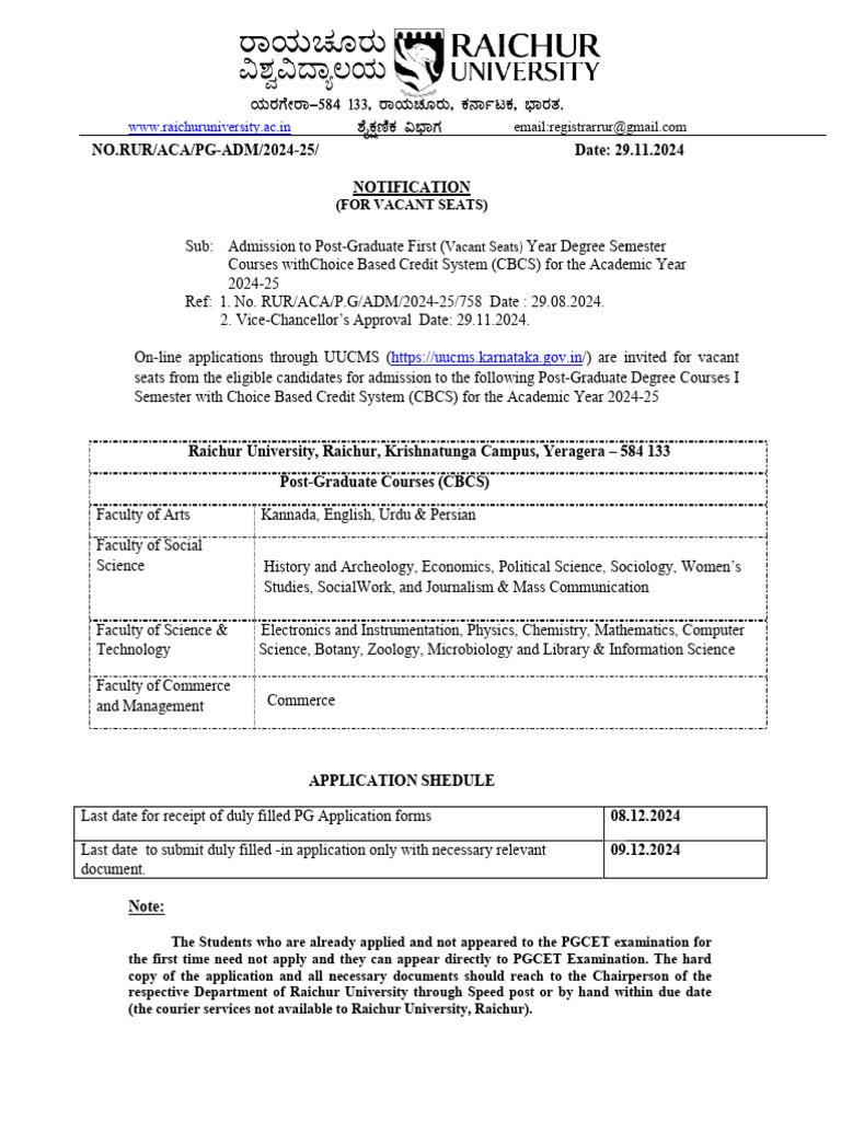 2024 25 PG Notification For Vaccant Seat | PDF | University And College ...