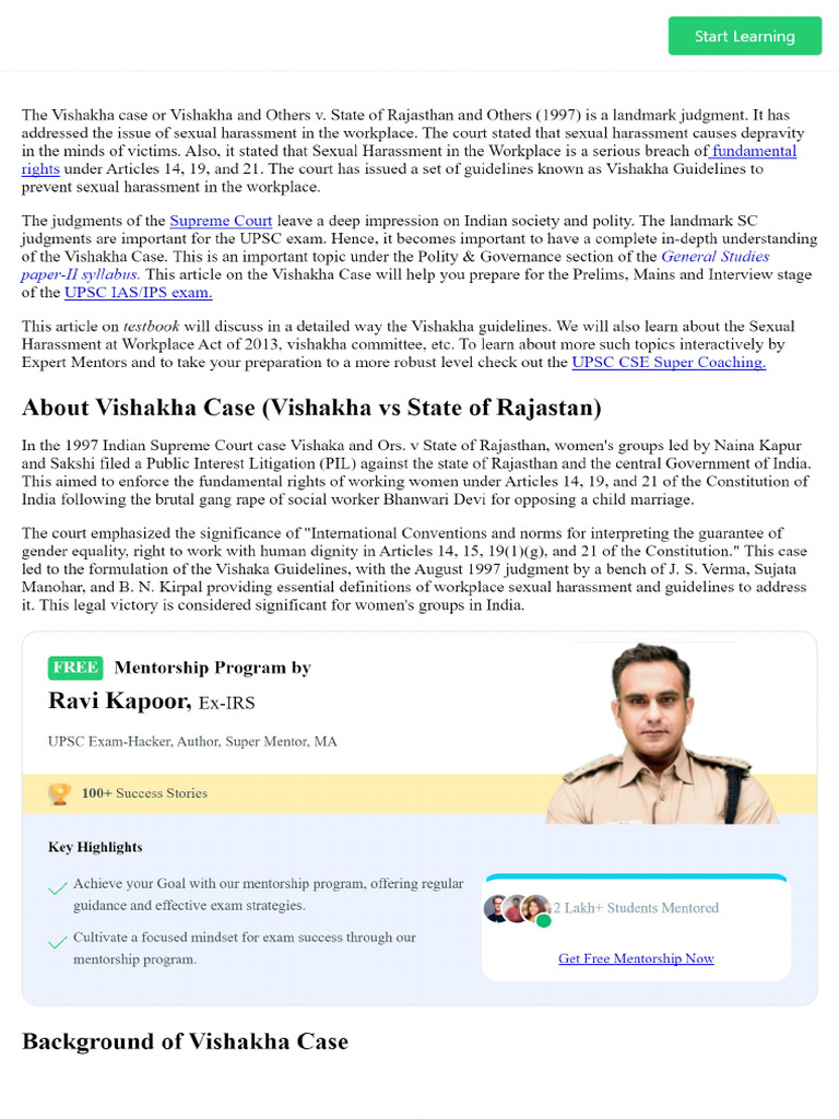 Vishakha Case - Complete Notes of Important Judgements For UPSC | PDF