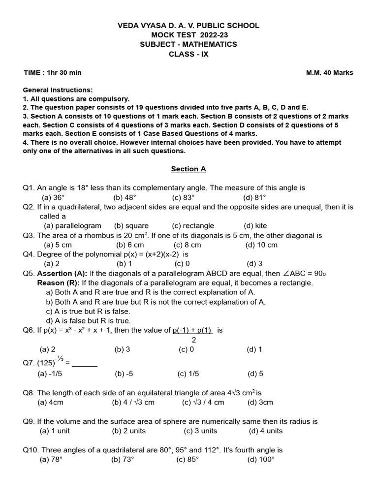 Class 9 - Maths Mock Test 2022-23 | PDF | Area | Rectangle