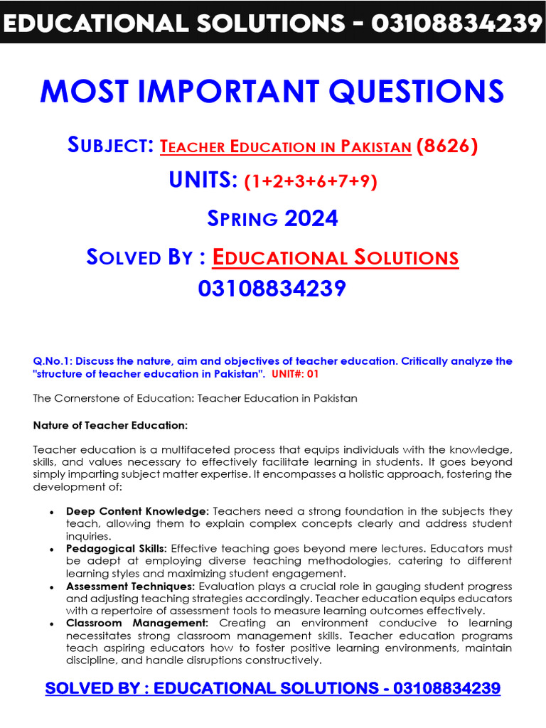 (8626) - Most Important Questions | PDF | Teachers | Teacher Education
