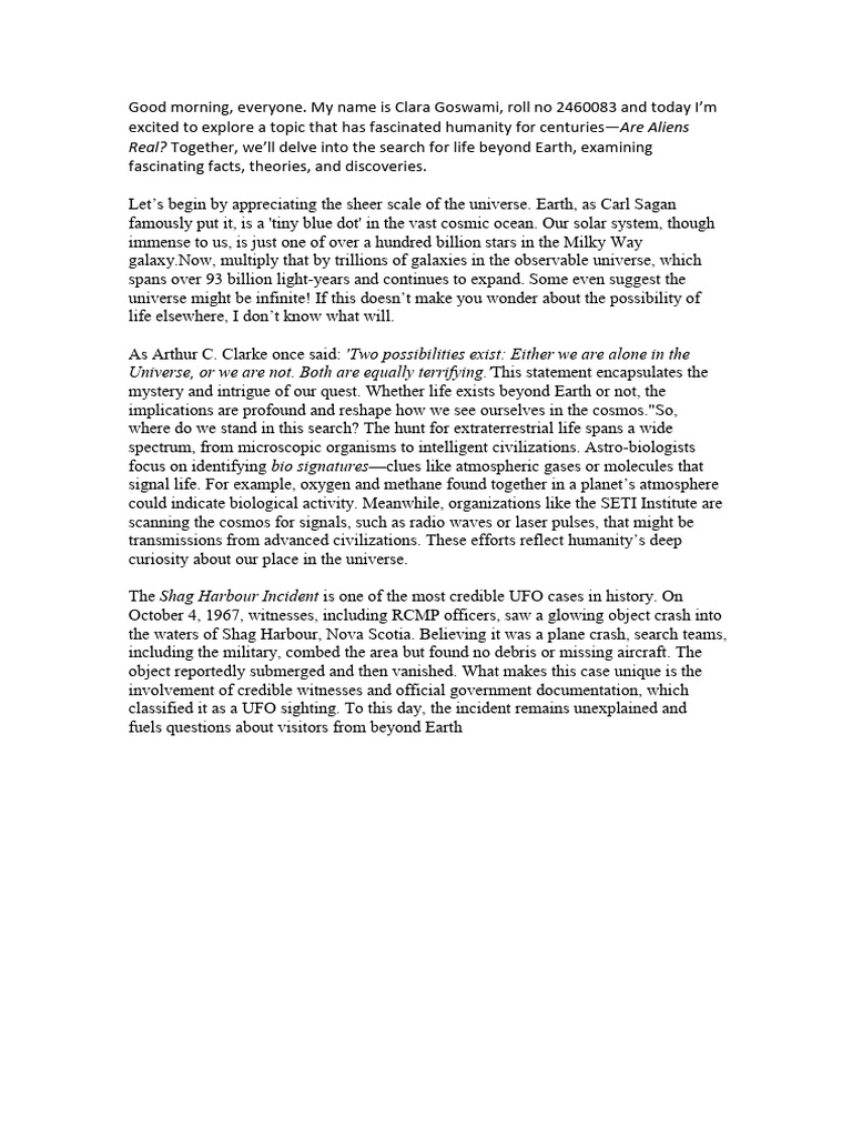 Are Aliens Real PPT Presentation Script | PDF