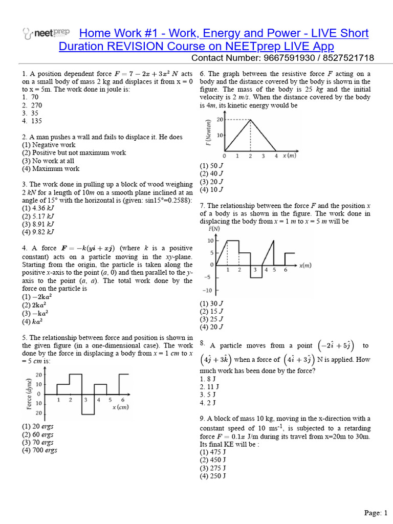 Work, Energy, and Power Practice Questions | PDF | Force | Acceleration