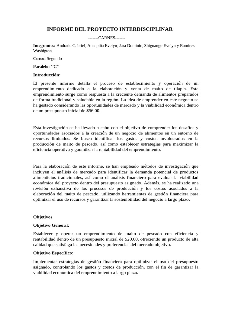 Informe Del Proyecto Empresa | PDF | Presupuesto | Iniciativa empresarial