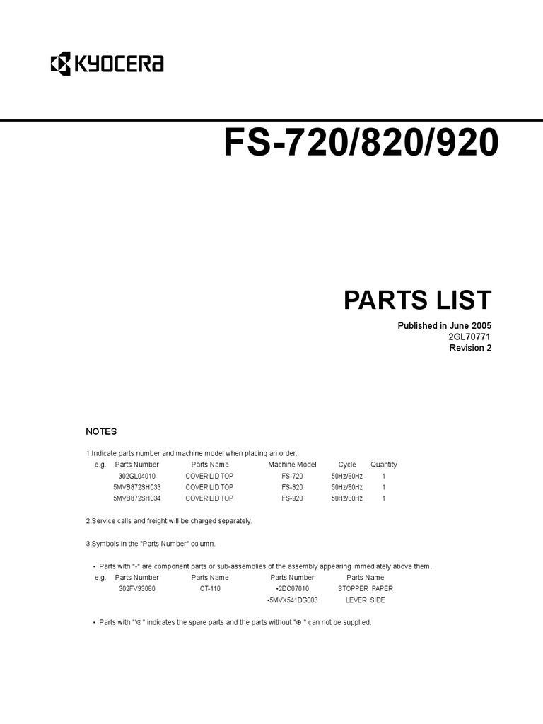 Kyocera FS 720 820 920 Part List Service Manual | PDF